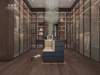 China Navy Blue U-Shaped Walk-In Closet with Glass Doors & LED Ottoman for sale