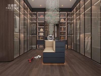 China Navy Blue U-Shaped Walk-In Closet with Glass Doors & LED Ottoman for sale