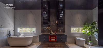 China Blue Gray Stainless Steel Bathroom Vanity with Red Accents & Black Quartz for sale