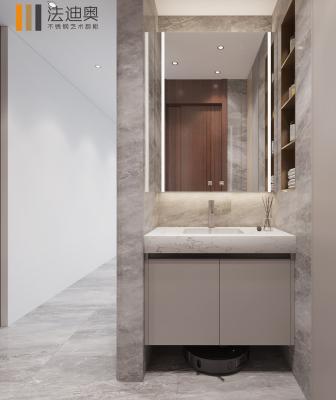 China Handleless Stainless Steel Vanity with LED Mirror & Rock Slab Top for sale