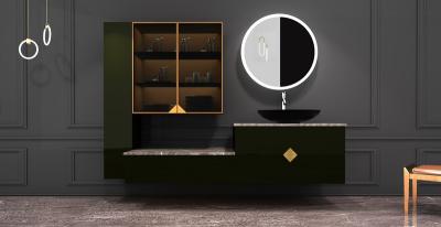 China Moss Green Wall Hung Bathroom Vanity with Quartz Countertop & LED Mirror for sale