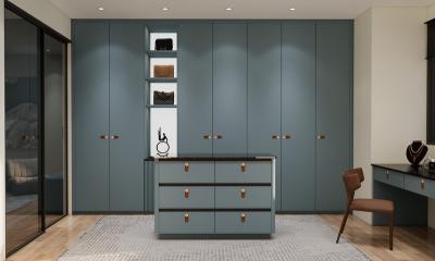 China Blue Grey Stainless Steel Walk-In Closet with Island & Black Mirrored Vanity for sale