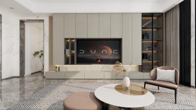 China Off-White Almond TV Cabinet with LED Display & Storage for sale