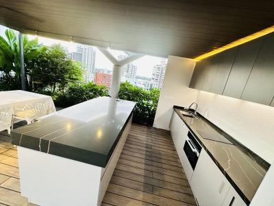 China Outdoor Stainless Steel Kitchen Cabinets with Black Quartz Island for sale