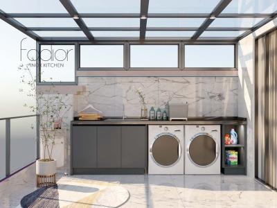 China Meridian Gray Stainless Steel Balcony Cabinet with Black Quartz Countertop for sale