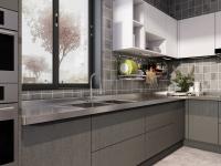 China Matte Grey Stainless Steel Kitchen Cabinets with Wood Island Countertop for sale