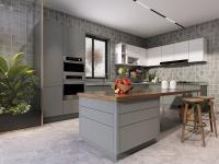 China Matte Grey Stainless Steel Kitchen Cabinets with Wood Island Countertop for sale