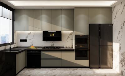 China Sleek And Functional Green Bean Grey L Shape Kitchen Cabinets Modern Style for sale