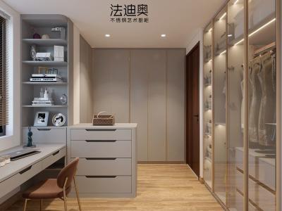 China Custom Grey Stainless Steel Walk-In Closet with Glass Doors & LED Lighting for sale