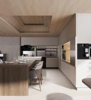 China Wood Grain Stainless Steel Kitchen Cabinet with Wine Cooler & LED for sale