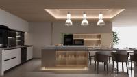 China Wood Grain Stainless Steel Kitchen Cabinet with Wine Cooler & LED for sale