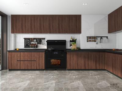 China Natural Wood Grain Stainless Steel Kitchen Cabinets L-Shaped for sale