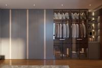 China Gray Stainless Steel Wardrobe with Glass Doors and LED Lighting for sale