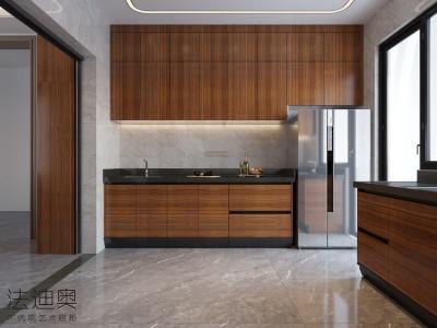 China U-Shaped Wood Grain Stainless Steel Kitchen Cabinets with LED for sale