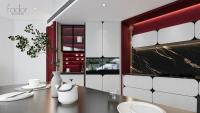 China White Stainless Steel Kitchen Cabinets with Red Accent Island for sale