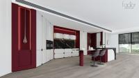 China White Stainless Steel Kitchen Cabinets with Red Accent Island for sale