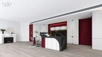 China White Stainless Steel Kitchen Cabinets with Red Accent Island for sale