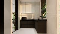 China Wood Grain Two-Tone Stainless Steel Kitchen Cabinets L-Shaped for sale