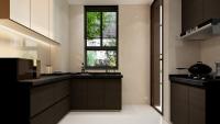 China Wood Grain Two-Tone Stainless Steel Kitchen Cabinets L-Shaped for sale