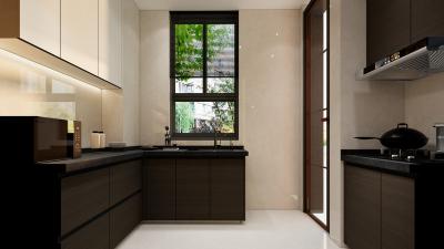 China Wood Grain Two-Tone Stainless Steel Kitchen Cabinets L-Shaped for sale
