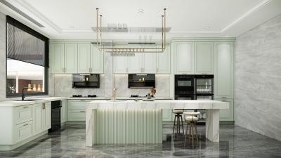 China Elegant U-Shaped Mint Green Modern Kitchen Cabinet With Quartz Island for sale