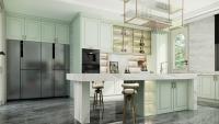 China Elegant U-Shaped Mint Green Modern Kitchen Cabinet With Quartz Island for sale