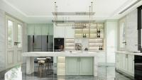 China Elegant U-Shaped Mint Green Modern Kitchen Cabinet With Quartz Island for sale