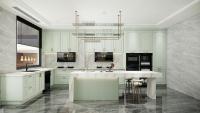 China Elegant U-Shaped Mint Green Modern Kitchen Cabinet With Quartz Island for sale