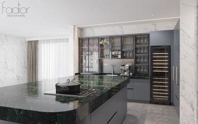 China Modern U-Shaped Grey Stainless Steel Kitchen Cabinet With Marble Finish for sale