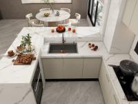 China Beige Stainless Steel Kitchen Cabinet with High-Low Quartz Island for sale