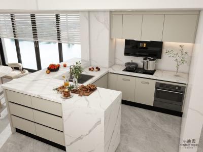 China Beige Stainless Steel Kitchen Cabinet with High-Low Quartz Island for sale