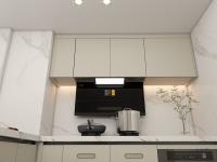 China Beige Stainless Steel Kitchen Cabinet with High-Low Quartz Island for sale
