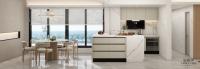 China Beige Stainless Steel Kitchen Cabinet with High-Low Quartz Island for sale