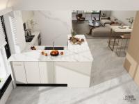 China Beige Stainless Steel Kitchen Cabinet with High-Low Quartz Island for sale