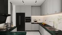 China Dark Green Quartz Stainless Steel Kitchen Cabinets with Raised Panel Doors for sale
