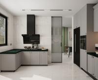 China Dark Green Quartz Stainless Steel Kitchen Cabinets with Raised Panel Doors for sale