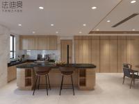China Modern Stainless Steel Kitchen Cabinet With Wood Grain Finish And Curved Island for sale