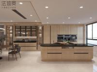 China Modern Stainless Steel Kitchen Cabinet With Wood Grain Finish And Curved Island for sale