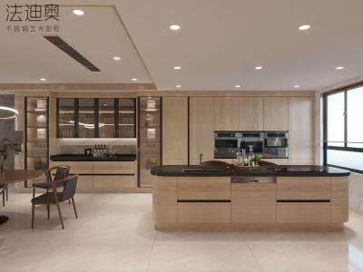China Modern Stainless Steel Kitchen Cabinet With Wood Grain Finish And Curved Island for sale