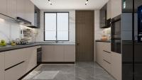 China L-Shaped Beige Modern Stainless Steel Kitchen Cabinets With Glass Doors Design for sale