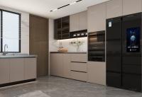 China L-Shaped Beige Modern Stainless Steel Kitchen Cabinets With Glass Doors Design for sale