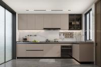 China L-Shaped Beige Modern Stainless Steel Kitchen Cabinets With Glass Doors Design for sale