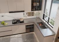 China L-Shaped Beige Modern Stainless Steel Kitchen Cabinets With Glass Doors Design for sale