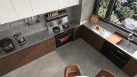 China Elegant Wood Grain Finish L-Shaped Stainless Steel Kitchen Cabinet for sale