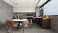 China Elegant Wood Grain Finish L-Shaped Stainless Steel Kitchen Cabinet for sale