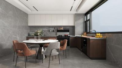 China Elegant Wood Grain Finish L-Shaped Stainless Steel Kitchen Cabinet for sale