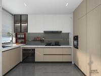 China U-Shaped Wood Grain Stainless Steel Kitchen Cabinet with Red Open Shelf for sale