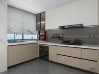 China U-Shaped Wood Grain Stainless Steel Kitchen Cabinet with Red Open Shelf for sale