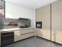 China U-Shaped Wood Grain Stainless Steel Kitchen Cabinet with Red Open Shelf for sale