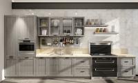 China Single-Line Light Gray Stainless Steel Kitchen Cabinet with Wood Texture Panels for sale